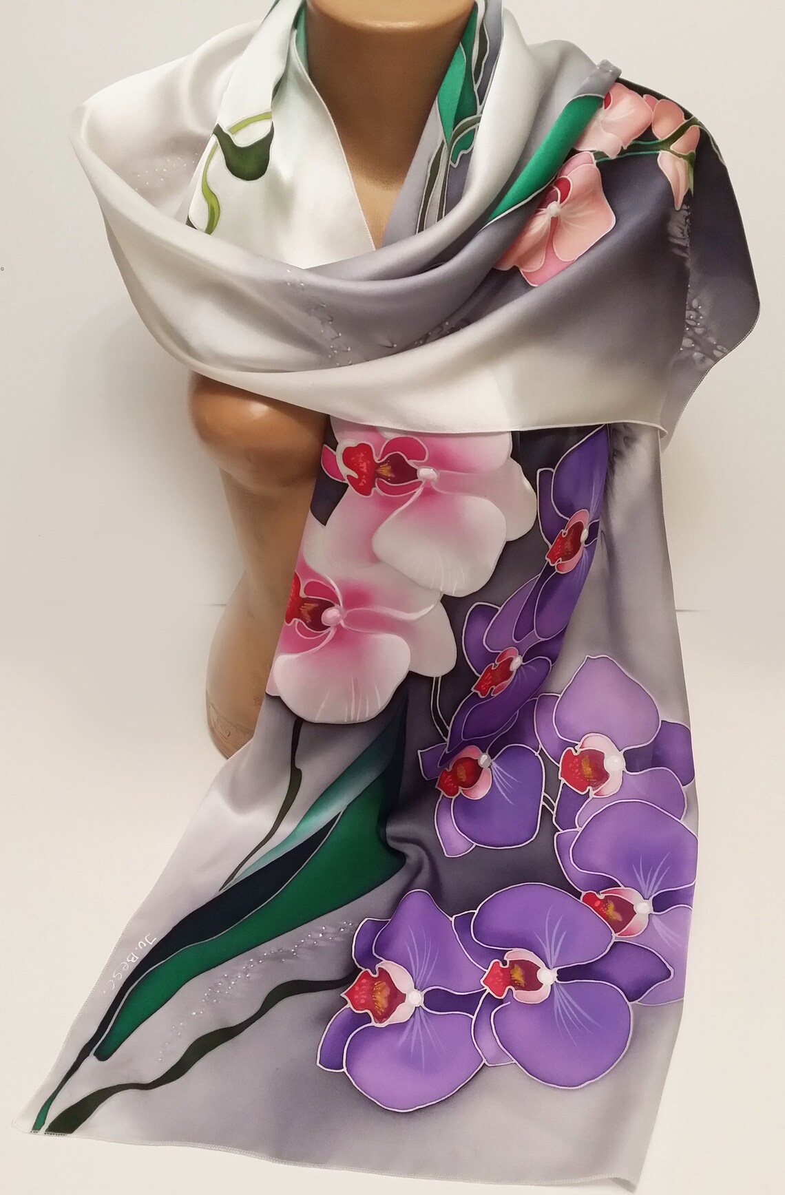 Hand Painted Silk Scarf Pink Purple Orchids Long Handmade - Etsy