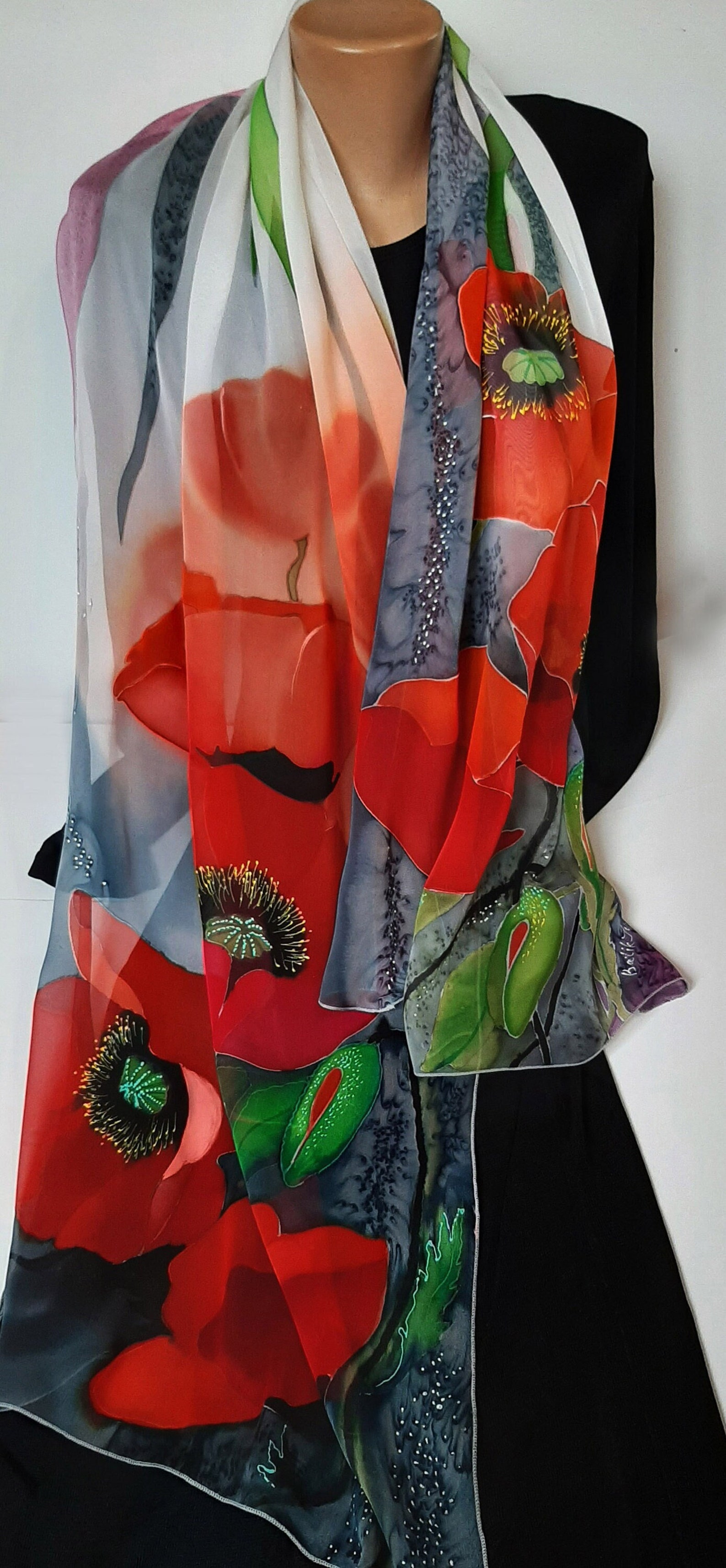 Lightweight Silk Scarf Women Handmade California Poppy Long Floral Silk ...