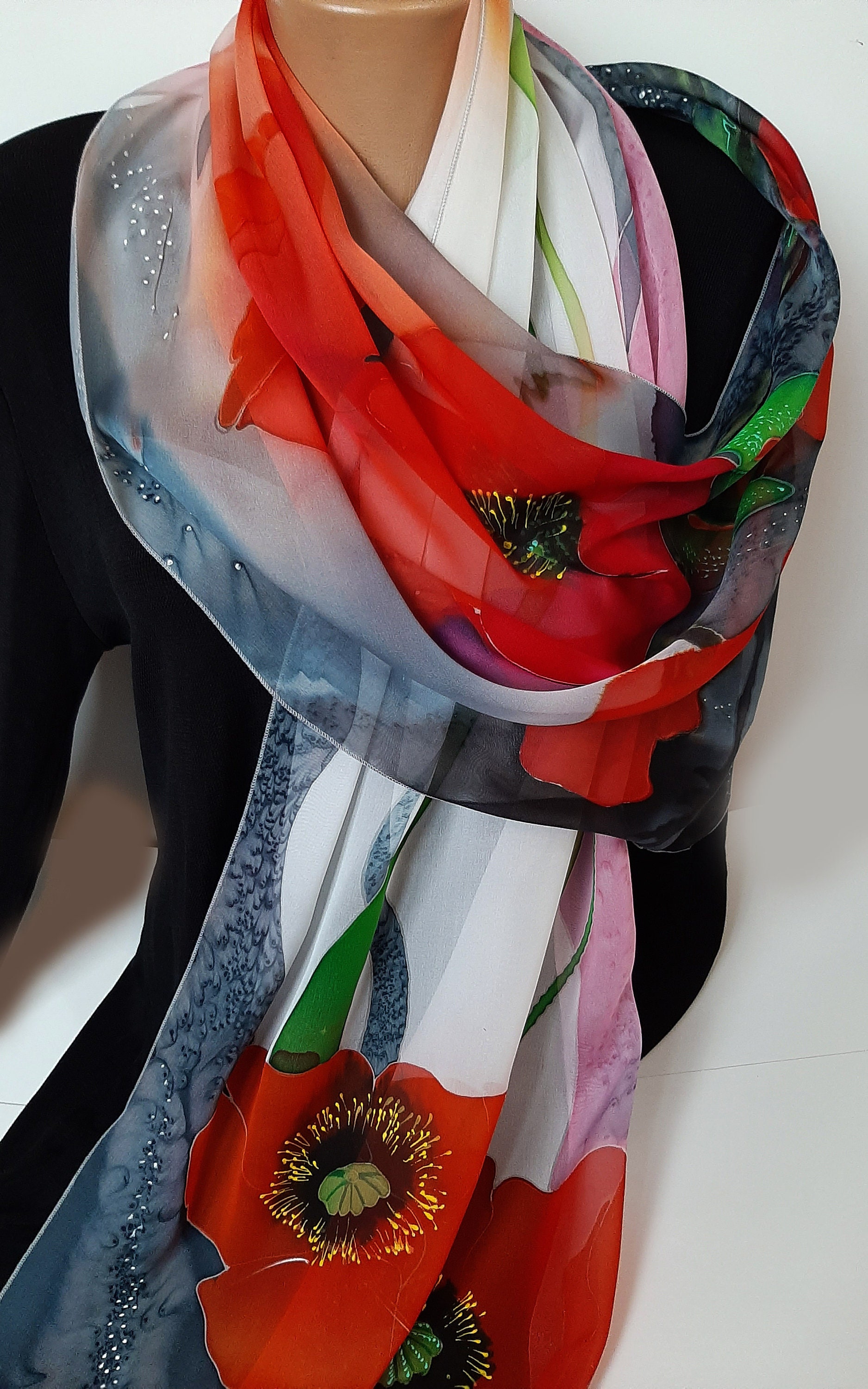 Hand Painted Silk Scarf Red Poppies - Etsy