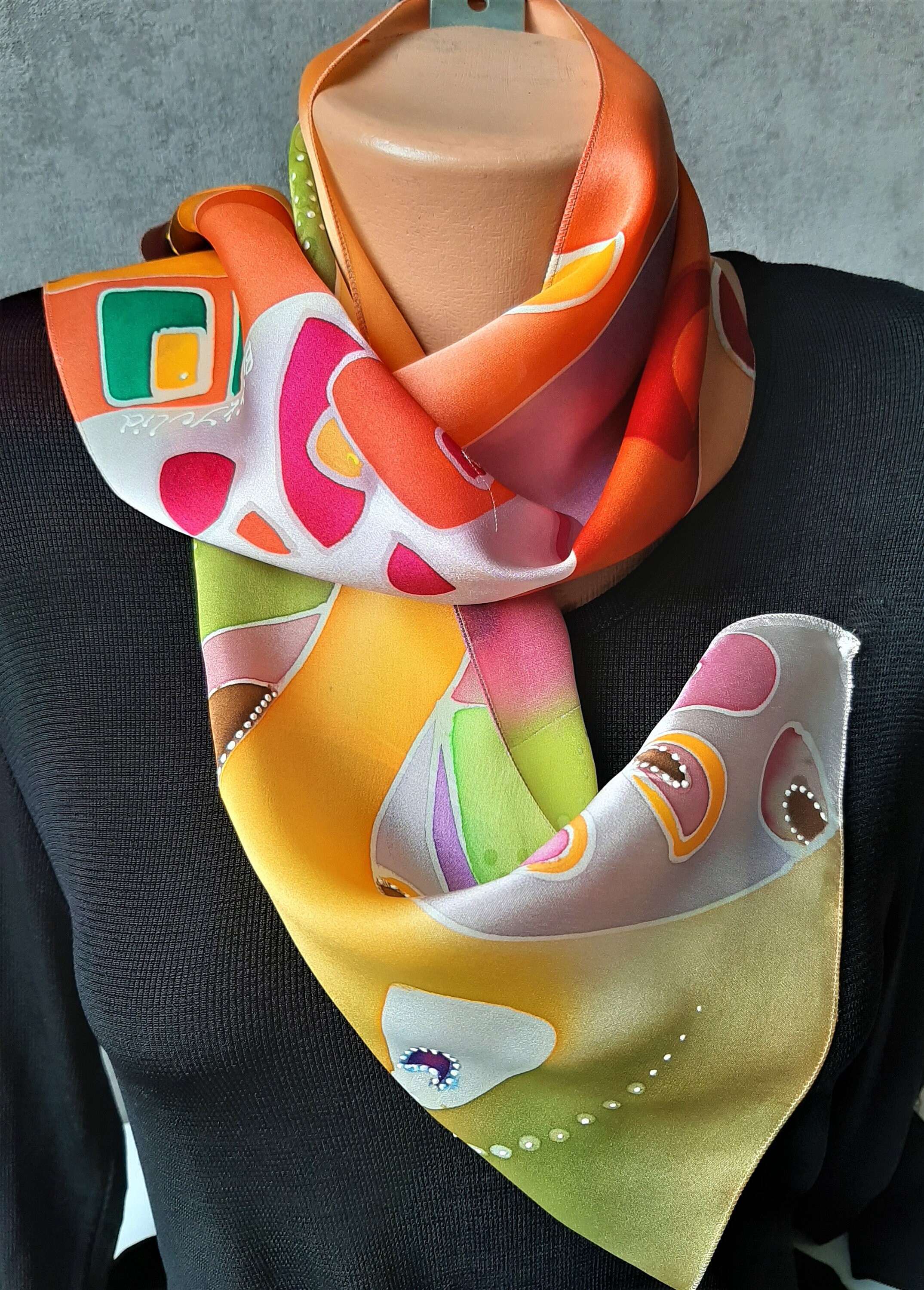 Small Silk Scarf Hand Painted Abstraction, Batik Silk Scarf, Christmas ...