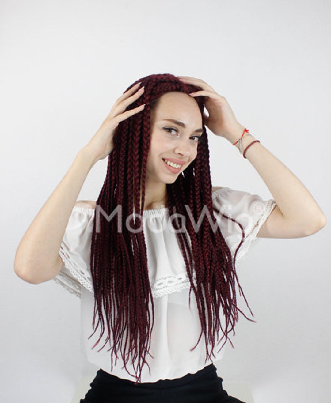 Long Dark Red Lace Front Wig With Braids Dark Red Wig Red Braids Long ...