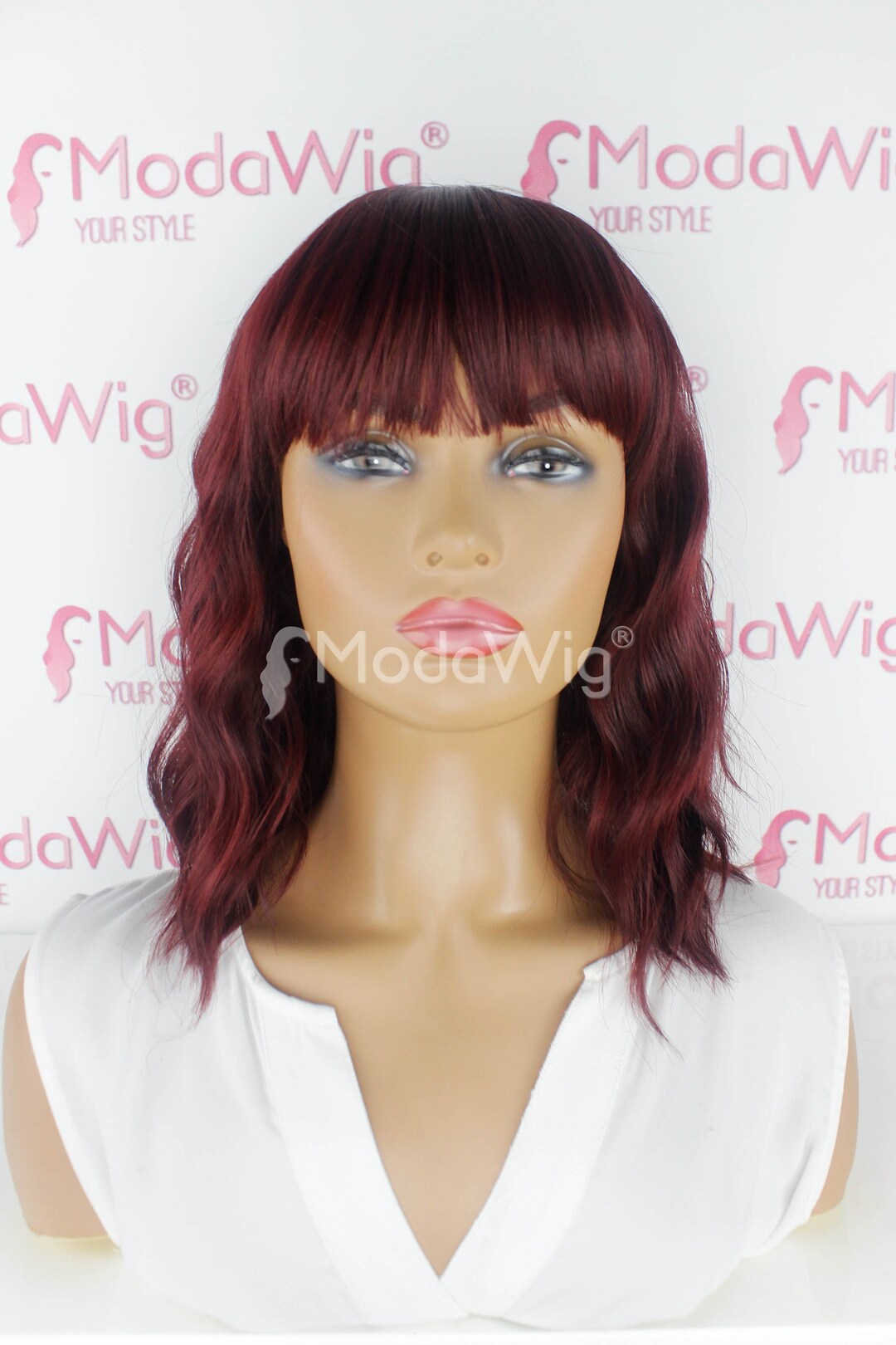 Mid Length Wavy Burgundy Red Full Cap Wig With Bangs | Burgundy Red Wig ...