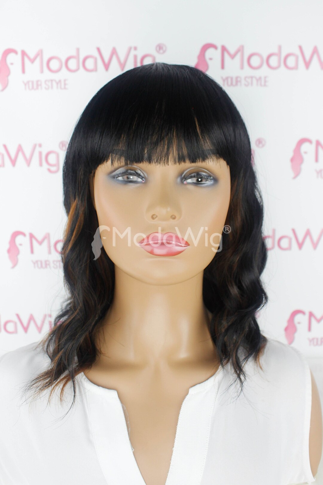 Mid Length Wavy Black Full Cap Wig With Bangs | Chestnut Strands Black ...