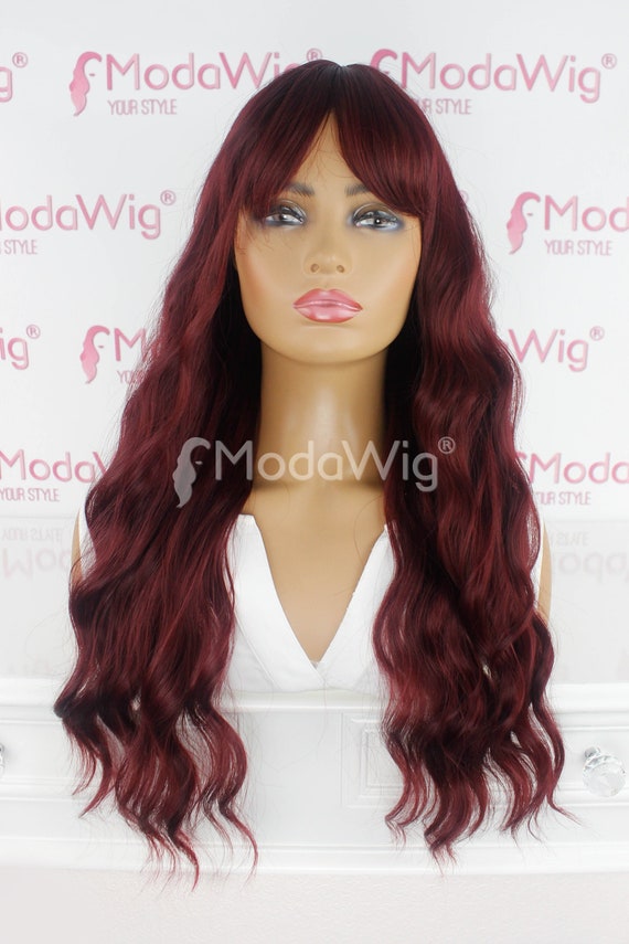Long Burgundy Red Wavy Full Cap Wig With Bangs Long Curly - Etsy