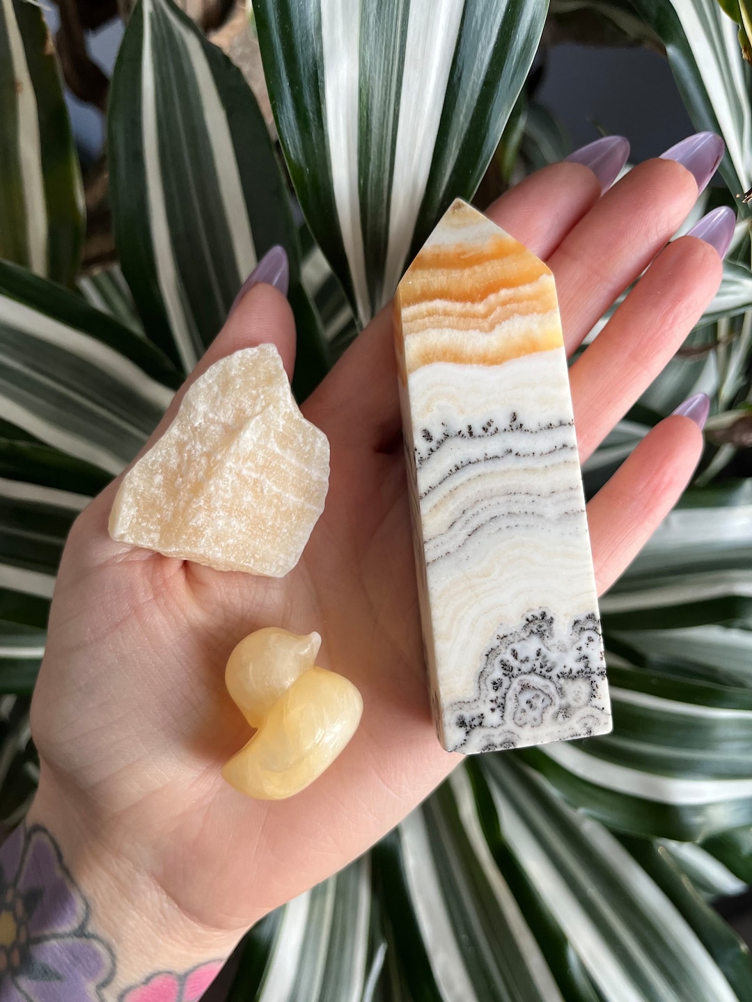 Unique Yellow Calcite Crystal Set # 3 - With: Small Carving Duck ...
