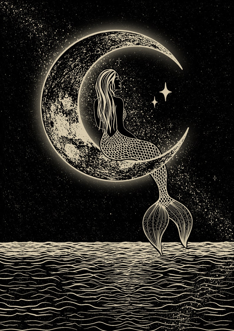 Mermaid & the Moon Print Luna Artwork Celestial Wall Art | Etsy UK