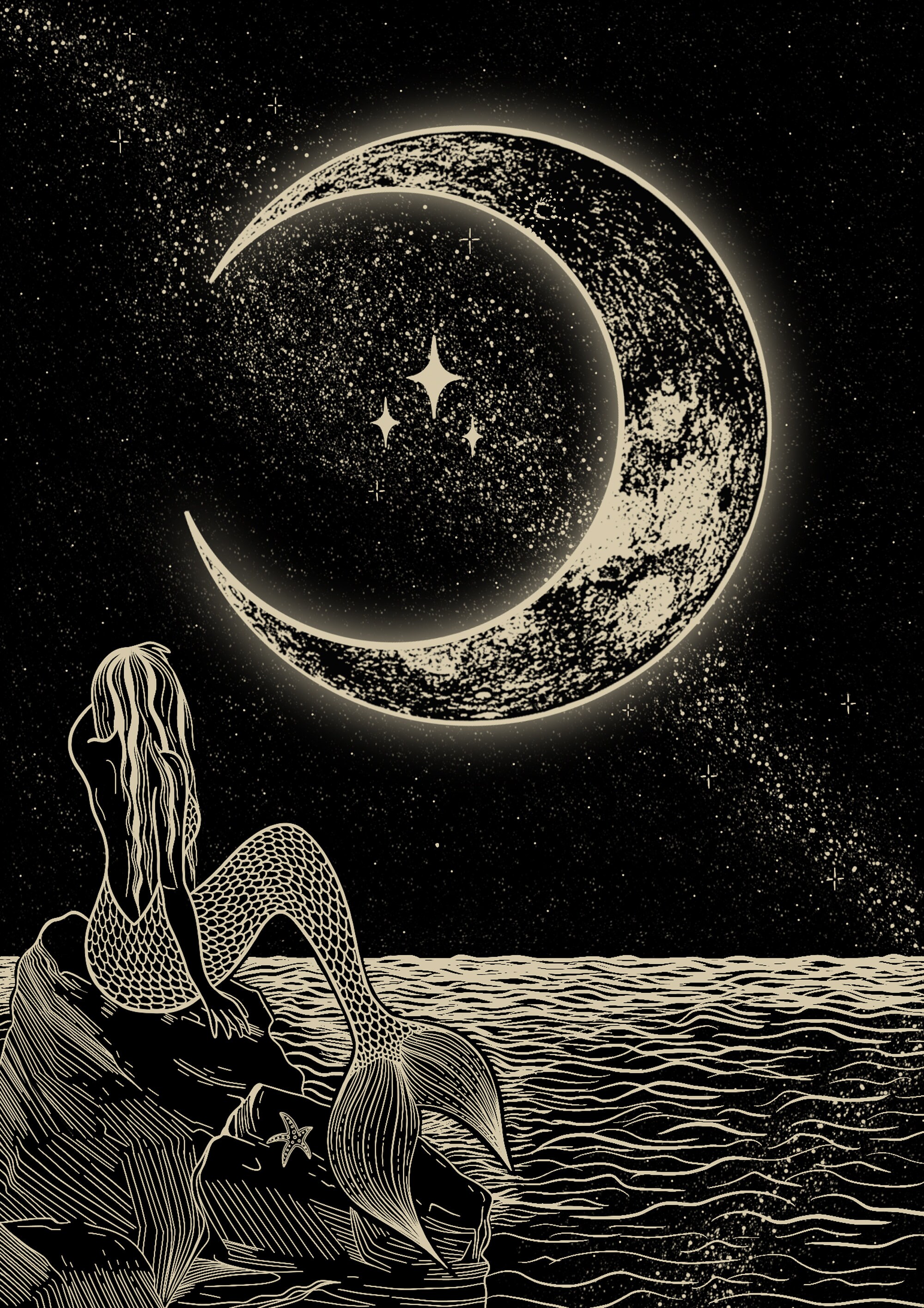 Mermaid & the Moon Print Luna Artwork Celestial Wall Art - Etsy UK