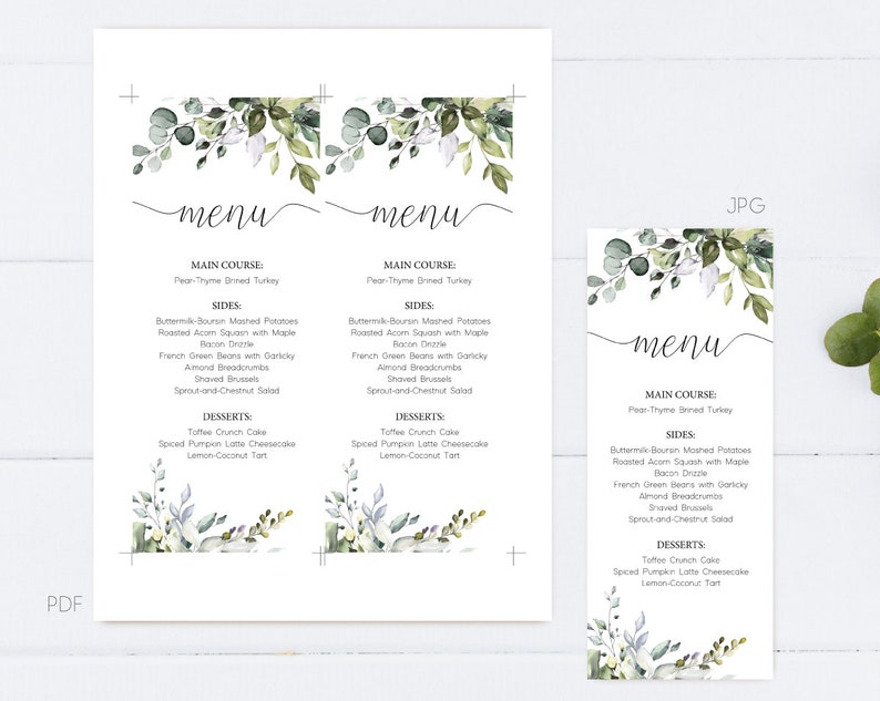 Greenery Menu Template Greenery Bridal Shower Menu | Etsy