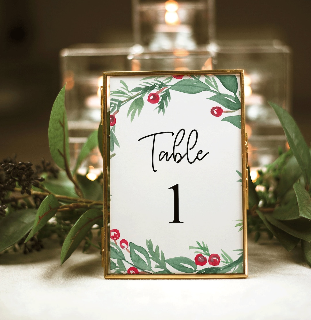 Christmas Table Numbers: Watercolor Holly, Editable Template (digital ...