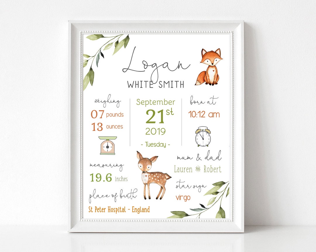 Baby Birth Print, Woodland Nursery Print, Woodland Animal Print, New ...