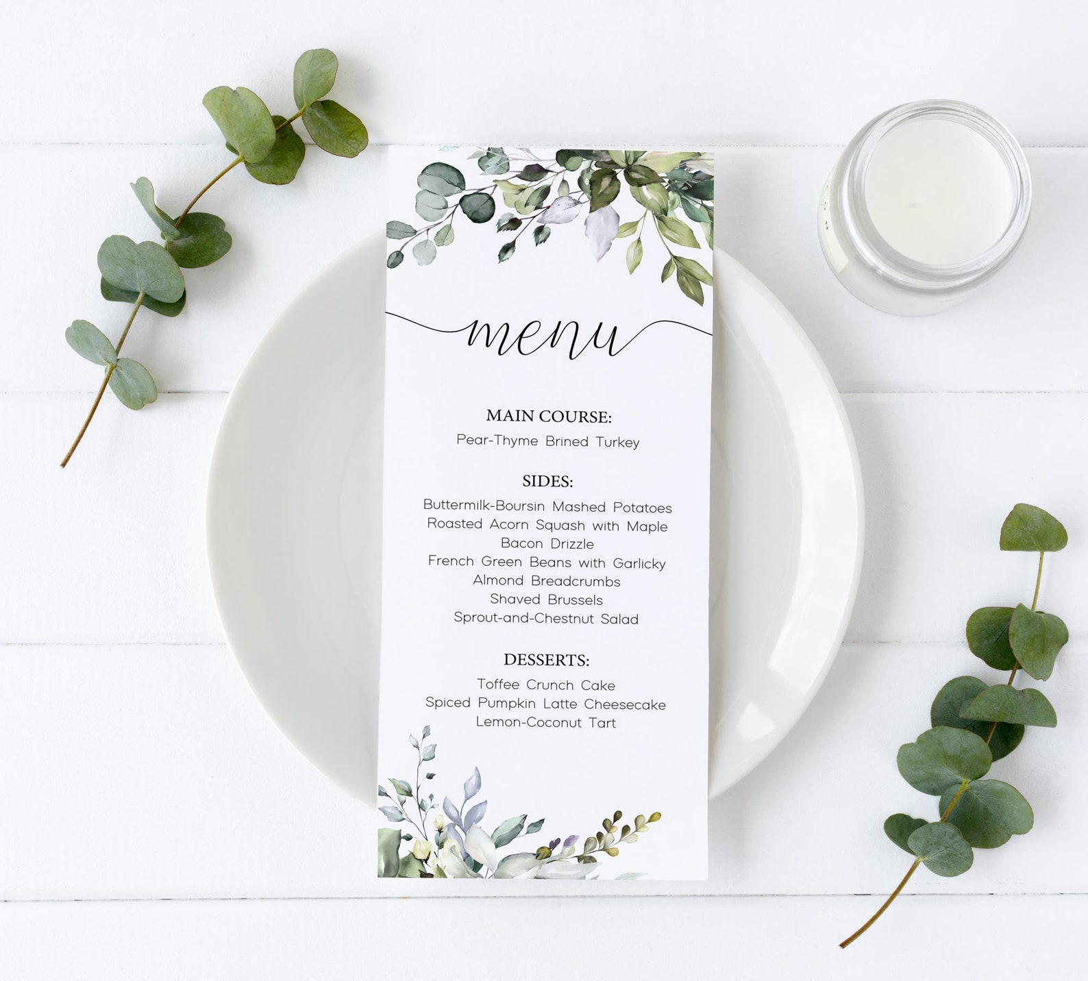 Greenery Menu Template, Greenery Bridal Shower Menu, Eucalyptus ...