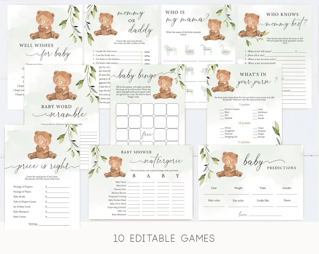Bear Baby Shower Games Bundle, Bear Theme Baby Shower Games Template ...