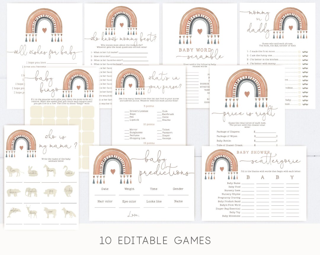Rainbow Boho Baby Shower Games Bundle, Baby Shower Games Template ...