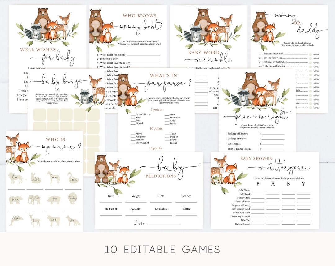 Woodland Animals Baby Shower Games Bundle (digital Download) - Etsy
