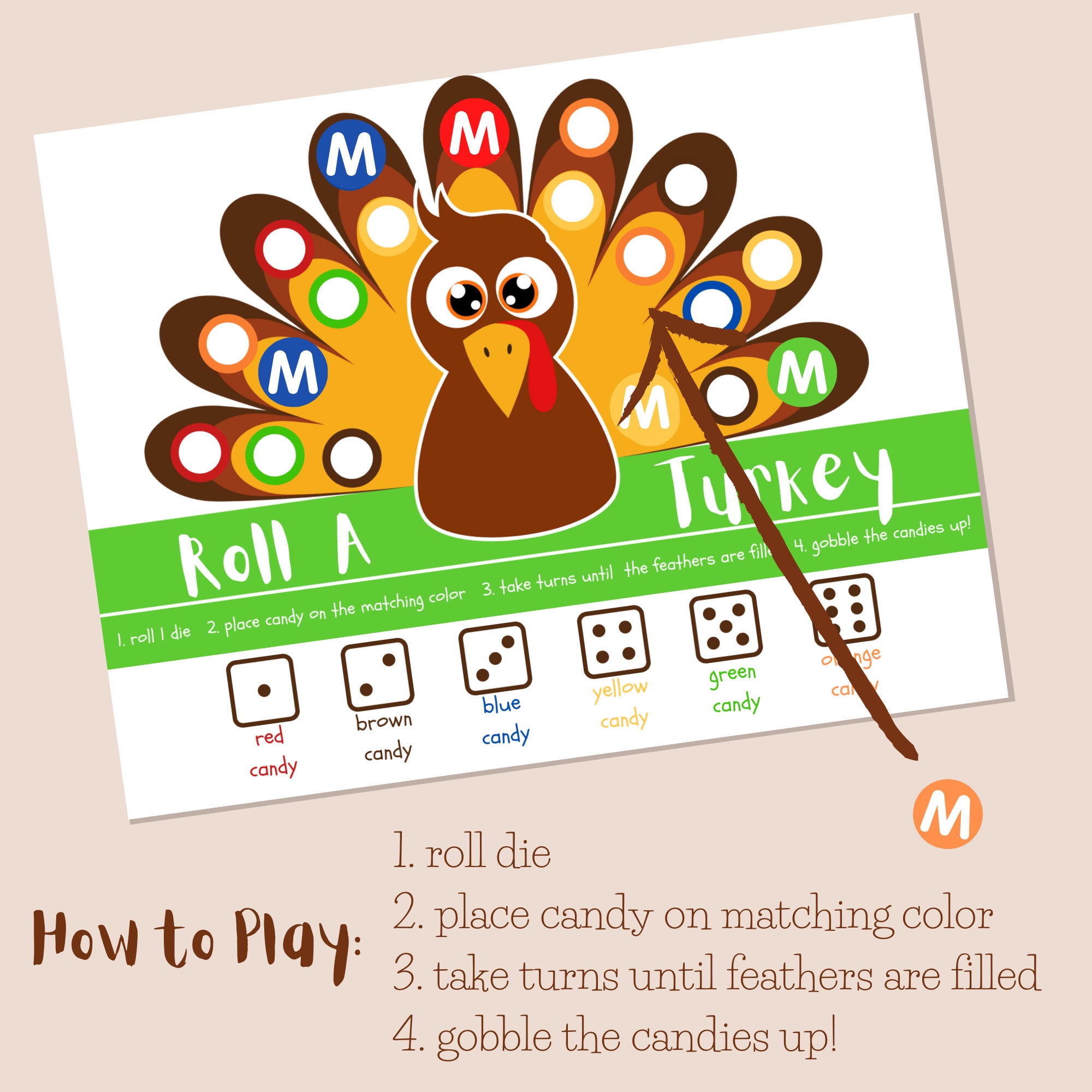 Thanksgiving Roll A Turkey Game for Kids - Digital Download Printable ...
