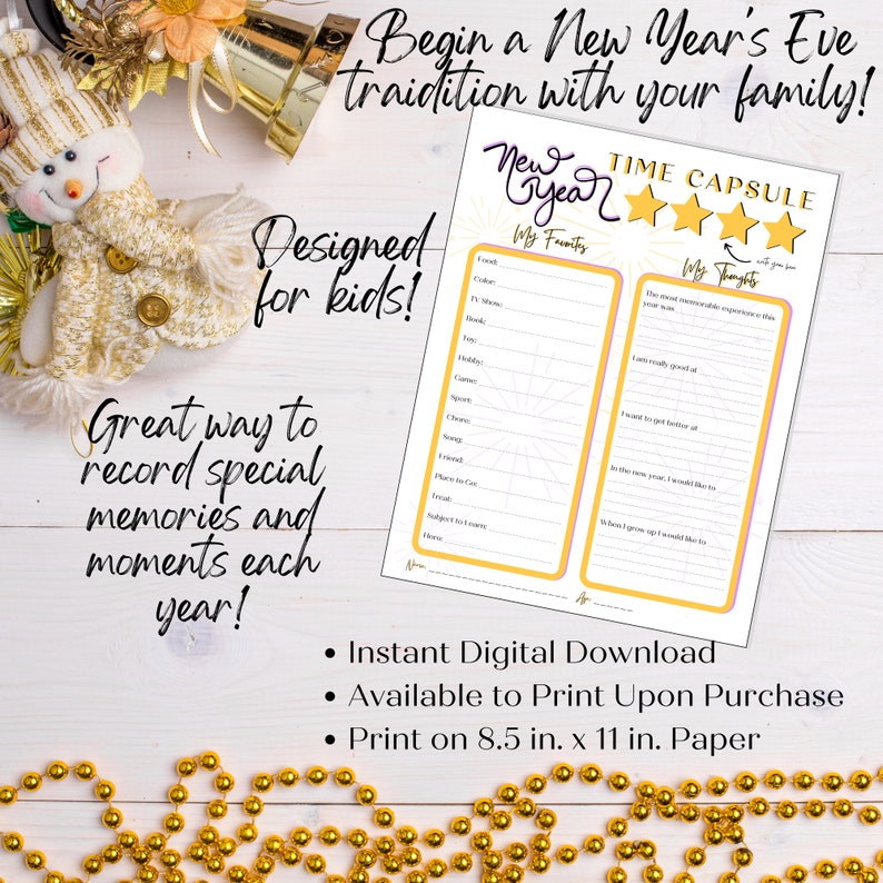 New Year's Eve Time Capsule for Kids - Printable Questionnaire - Party ...