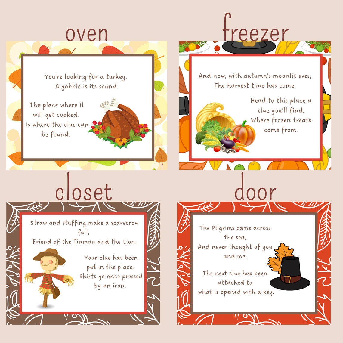 Thanksgiving Clue Hunt - 10 Clues for Children - Indoors - Rhyming ...