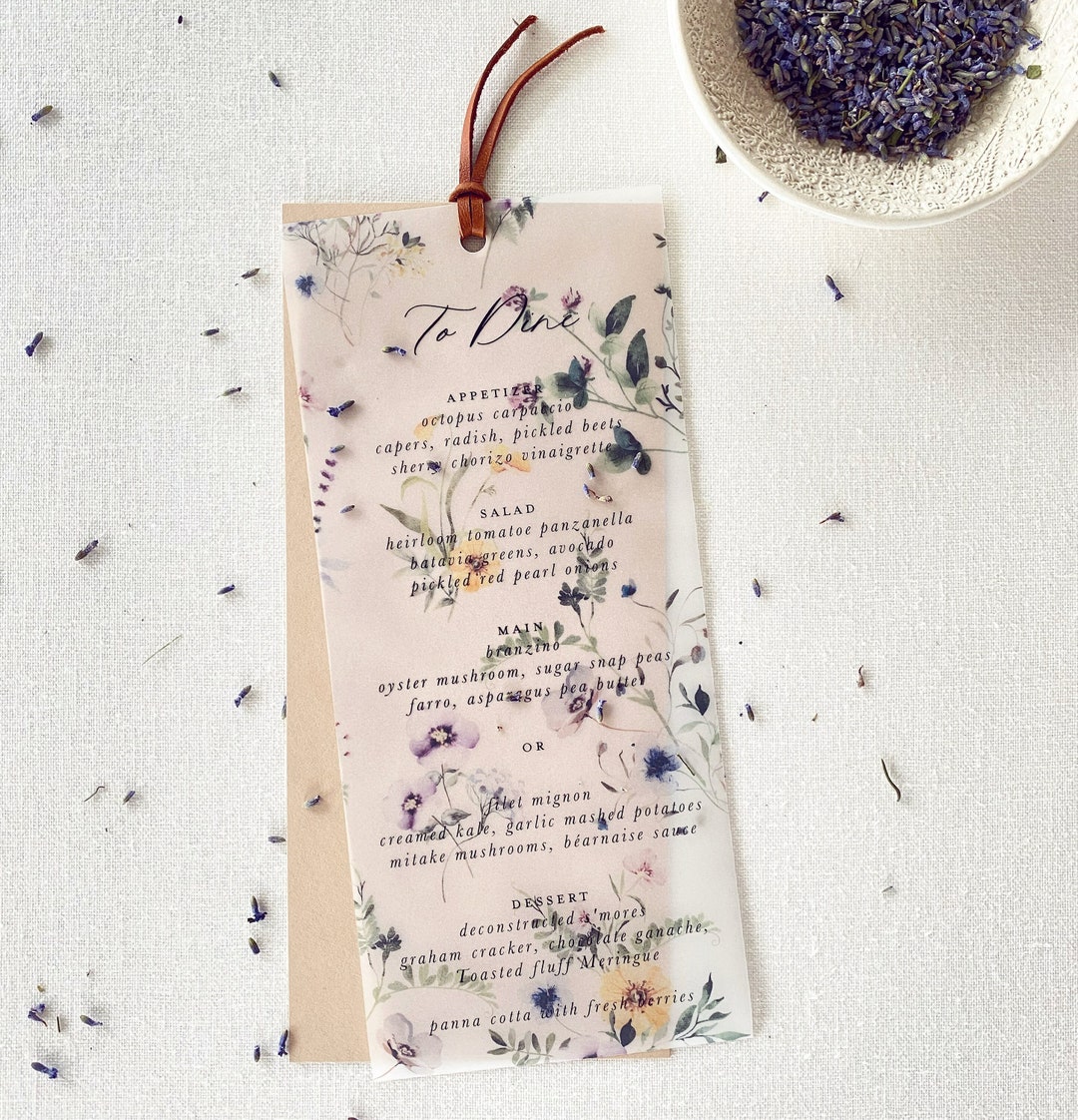 Modern Wedding Menu, Florals, Leather Accent, Handmade, Unique Menu - Etsy