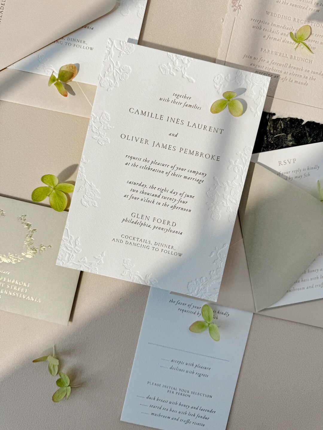 Letterpress or Foil Wedding Invitation Sample: Handmade Paper, Deckled ...
