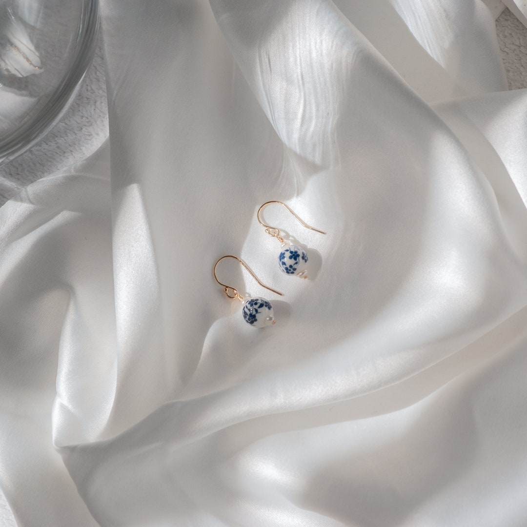 Dainty Porcelain Floral Earrings: Blue Floral, 14k Gold Filled or ...