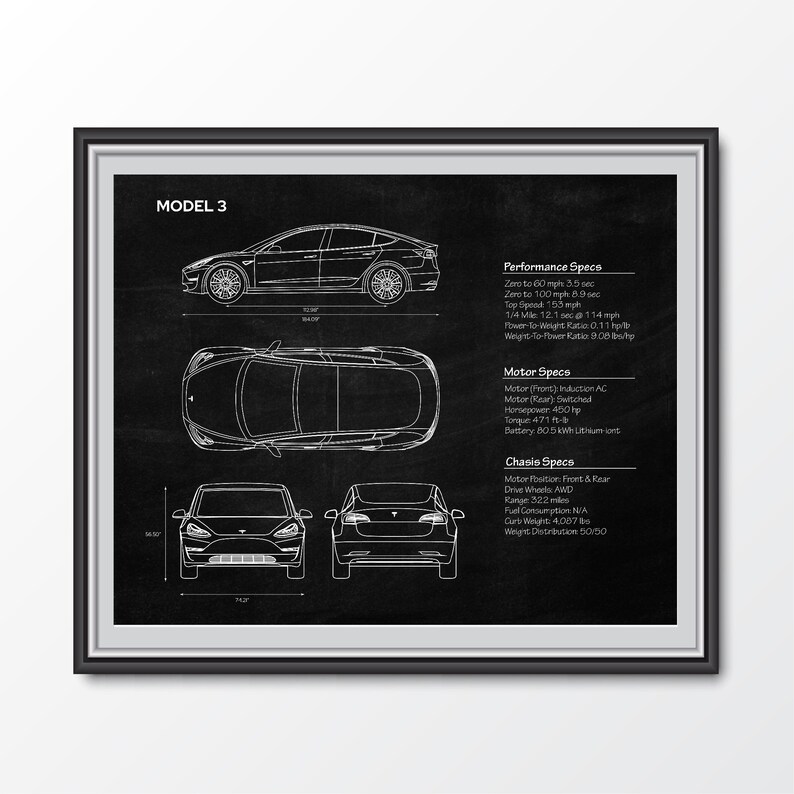 Tesla Model 3 Poster Print BLUEPRINT Patent Print Car Prints Tesla ...