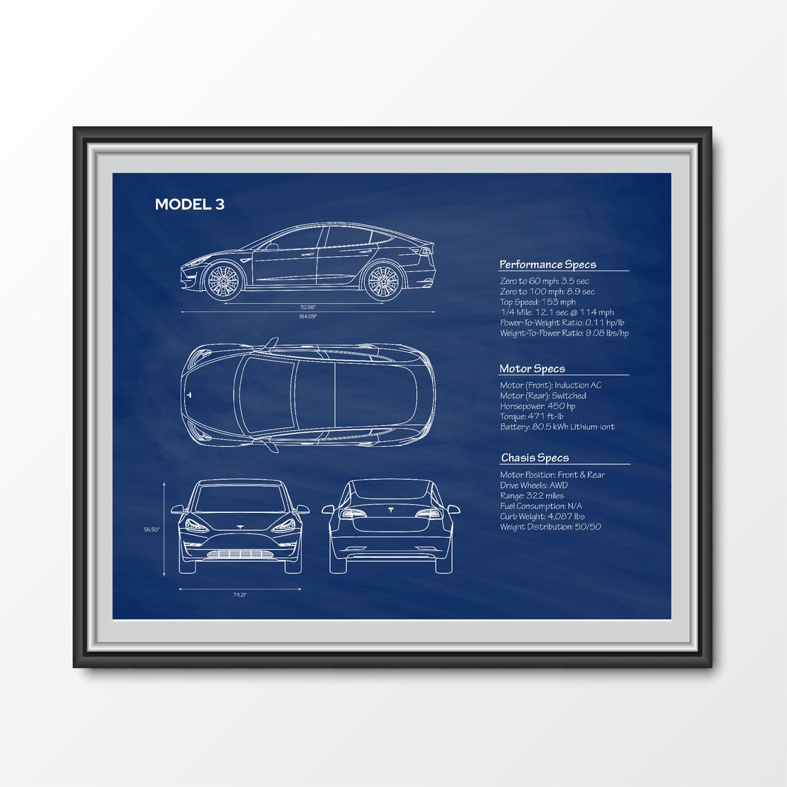 Tesla Model 3 BLUE Poster Print BLUEPRINT Patent Print Car Prints Tesla ...