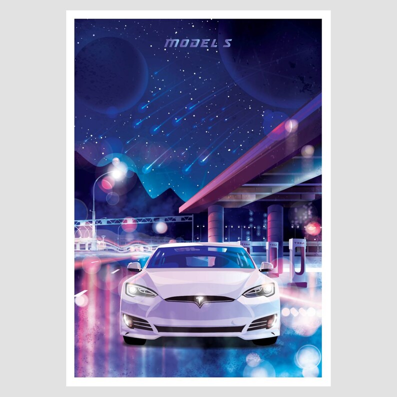 Tesla Model S White Poster Print Electric Space Electric - Etsy