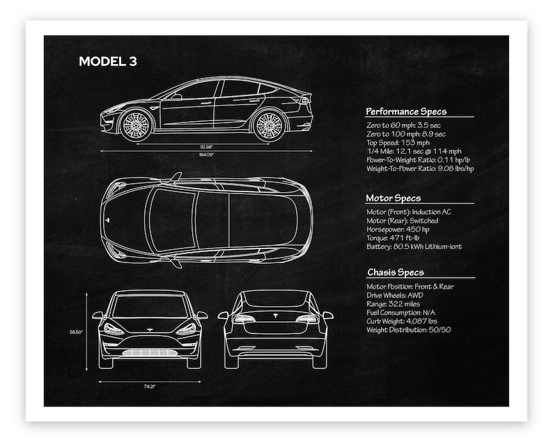 Tesla Model 3 Poster Print BLUEPRINT Patent Print Car Prints Tesla ...
