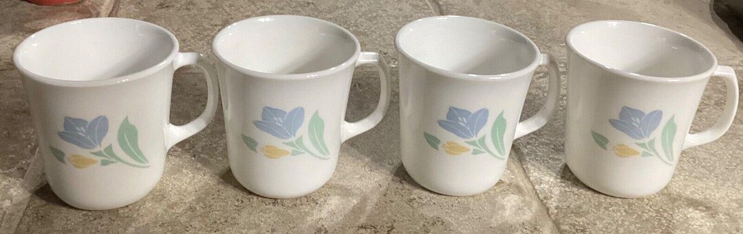 4 Piece Corelle Friendship Blue Yellow Flower White Mugs Cups ~ 3.25 ...