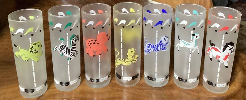 Libby Frosted Carousel Circus Animal Glasses Set of 7 Vintage 1950s ...