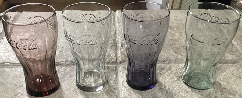 4 Assorted Coca-cola Coke Glasses Amethyst, Purple, Green, Clear - Etsy