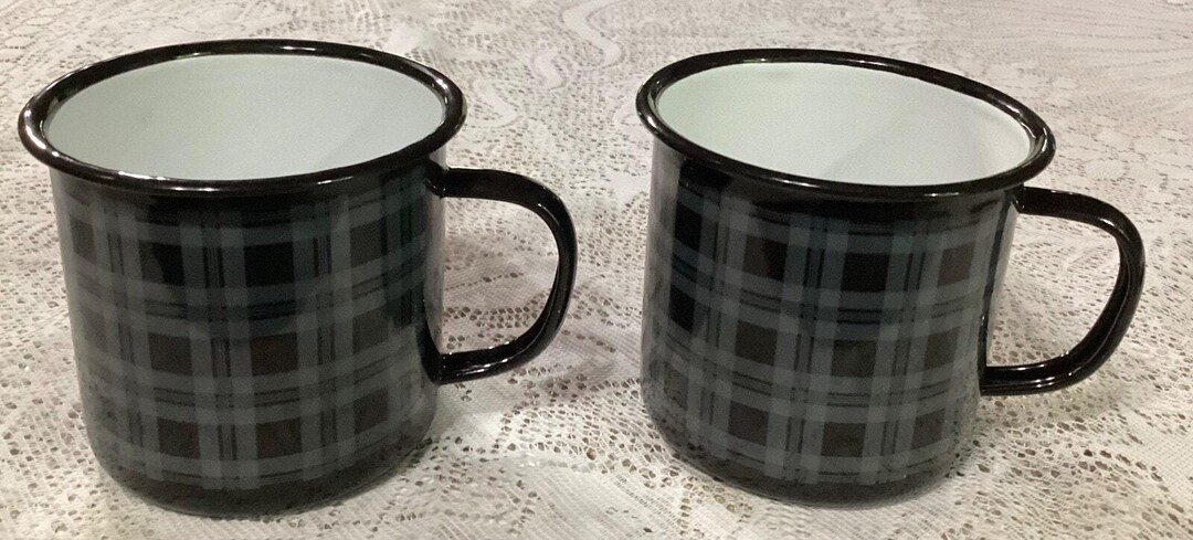 Set of 2 Red Shed Enamel Plaid Mugs - Etsy