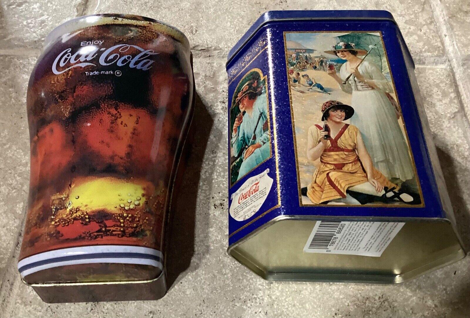 Coca Cola Empty Tins the Drink of All the Year & 1998 Coke Glass Shaped ...