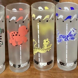 Libby Frosted Carousel Circus Animal Glasses Set of 7 Vintage 1950s ...