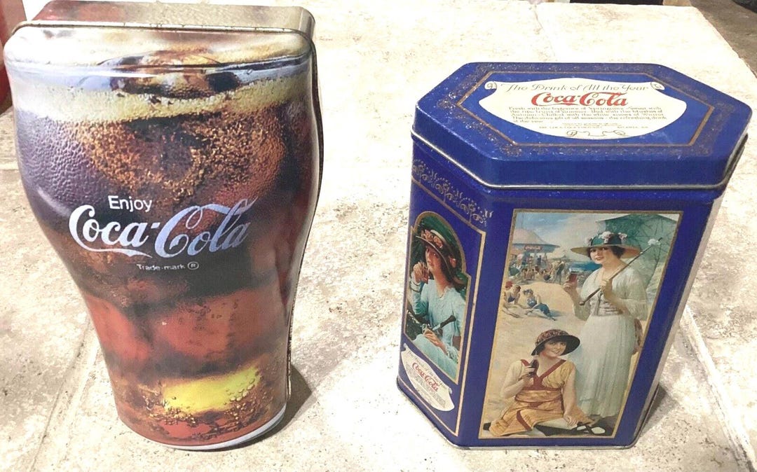 Coca Cola Empty Tins ~ the Drink of All the Year & 1998 Coke Glass ...