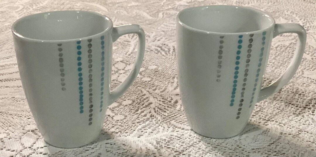 Set of 2 Corelle Square Raindrops 12-oz Porcelain Mugs Turquoise Grey ...