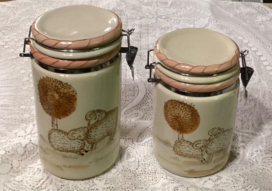 Set of 2 WCL Ceramic Country Decor Sheep Hinged Canister Jars ~ 9.5 ...