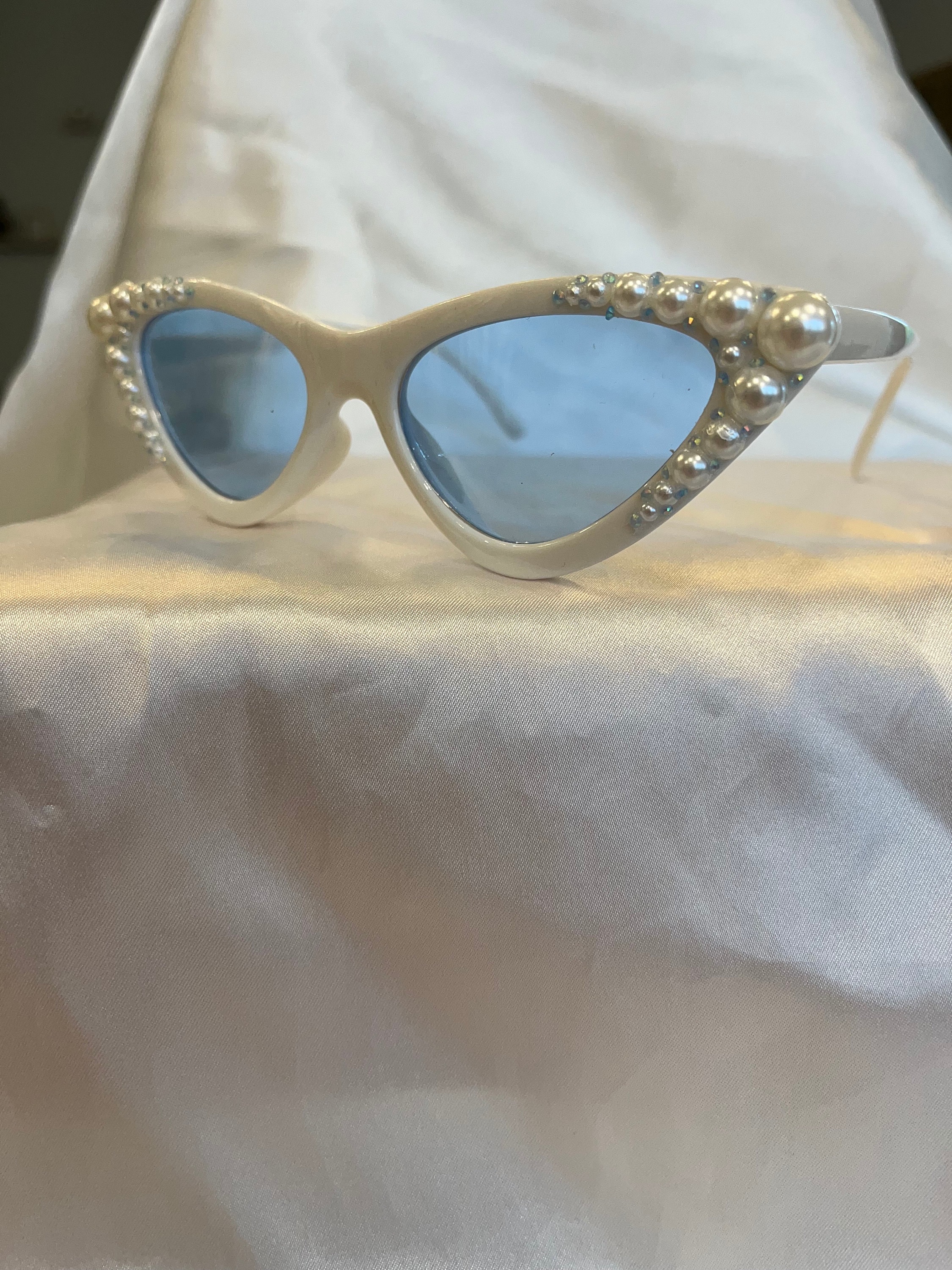 White Frame and Blue Lens, Vintage Cat Eye Shape, Blue Iridescent ...
