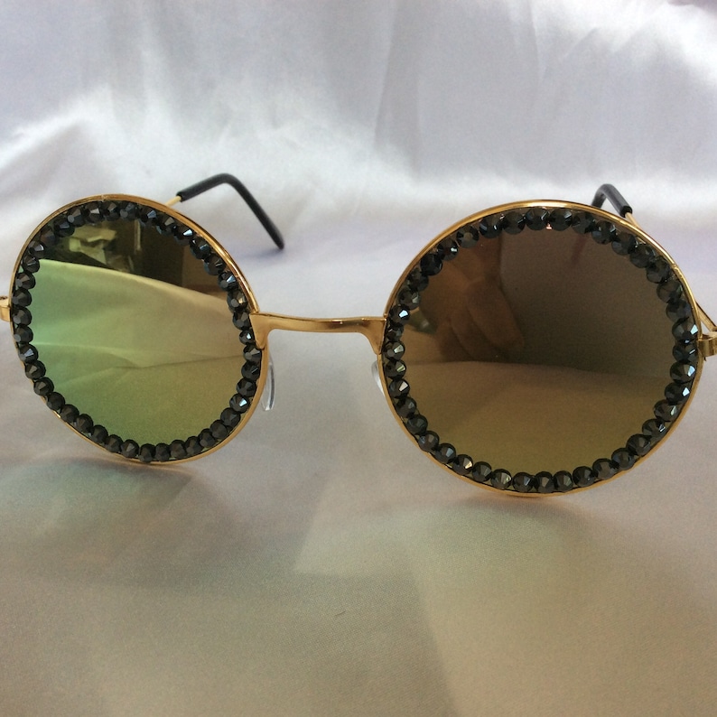 Green Mirror Lense, Round Vintage Shape, Gold Frame, Black Crystal ...