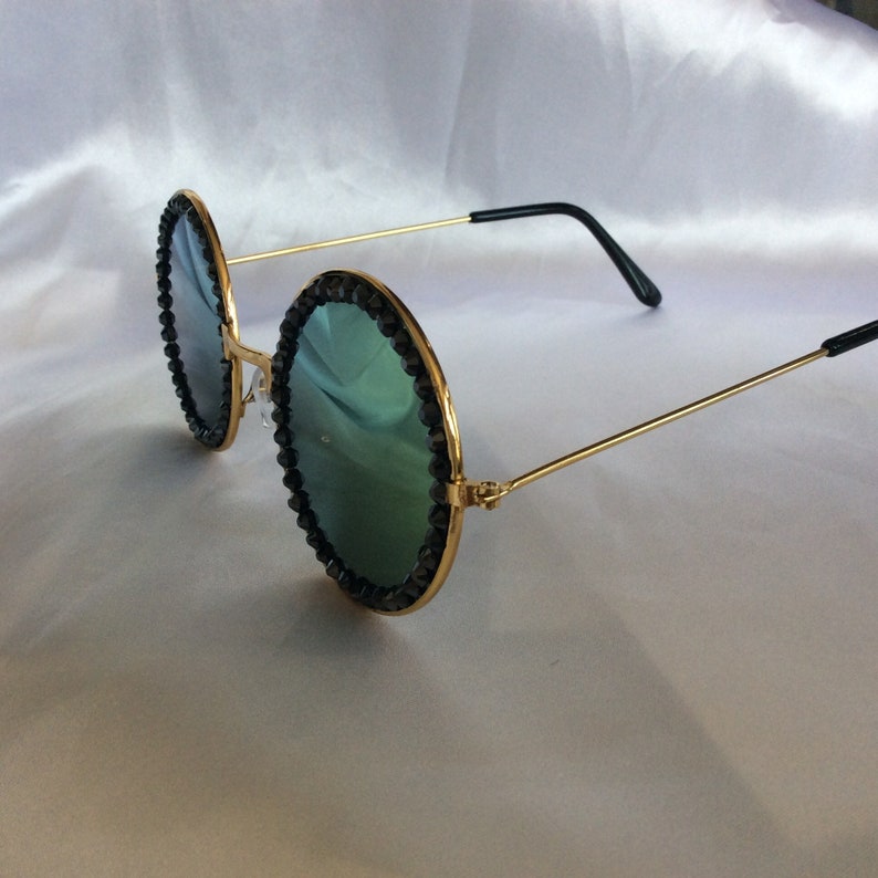 Green Mirror Lense, Round Vintage Shape, Gold Frame, Black Crystal ...