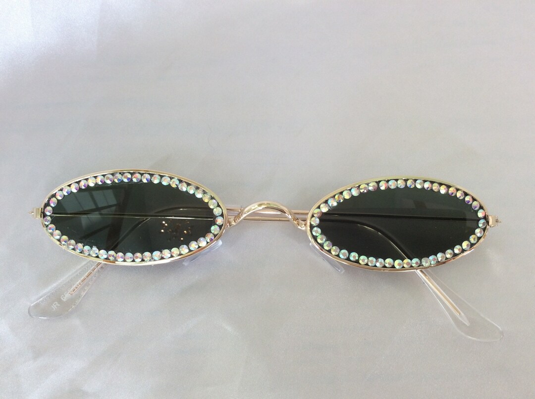 Swarovski Crystal Embellished, Silver Frame, Black Oval Lense, Vintage ...
