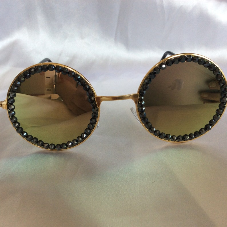 Green Mirror Lense, Round Vintage Shape, Gold Frame, Black Crystal ...