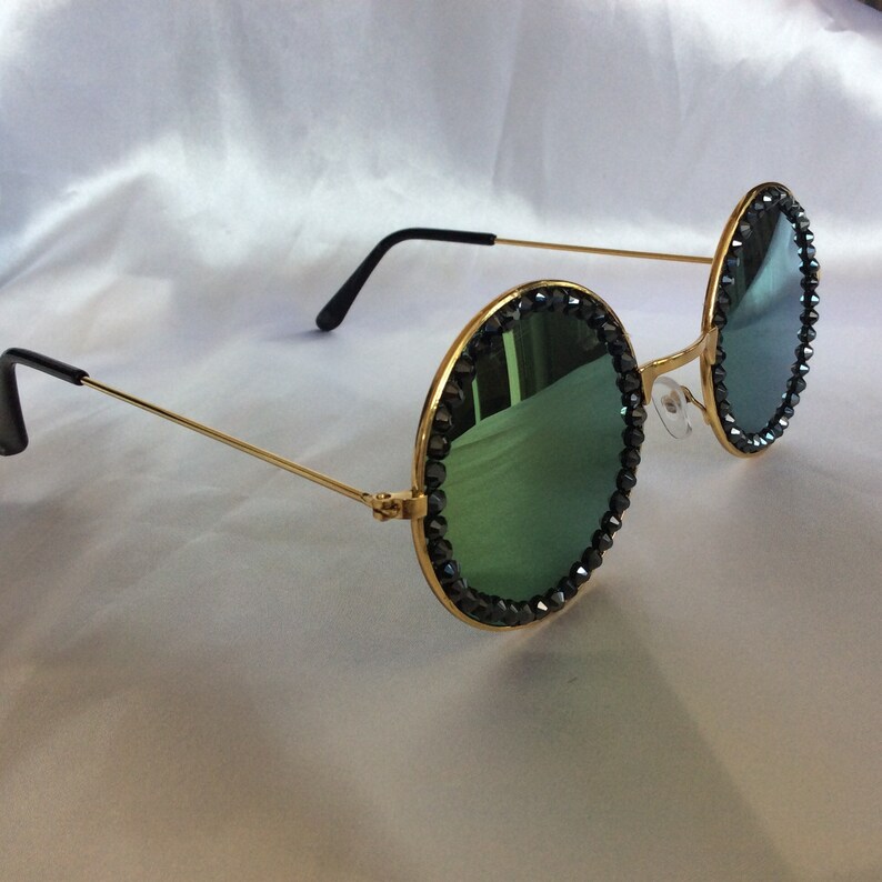 Green Mirror Lense, Round Vintage Shape, Gold Frame, Black Crystal ...