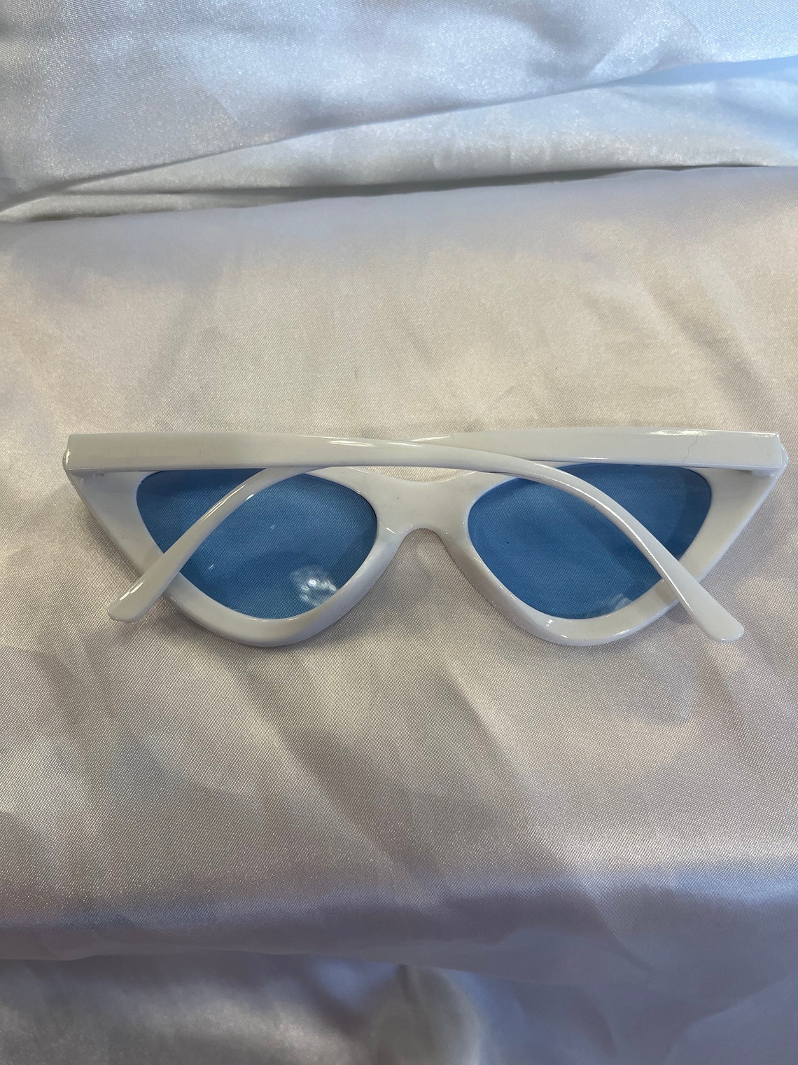 White Frame and Blue Lens, Vintage Cat Eye Shape, Blue Iridescent ...