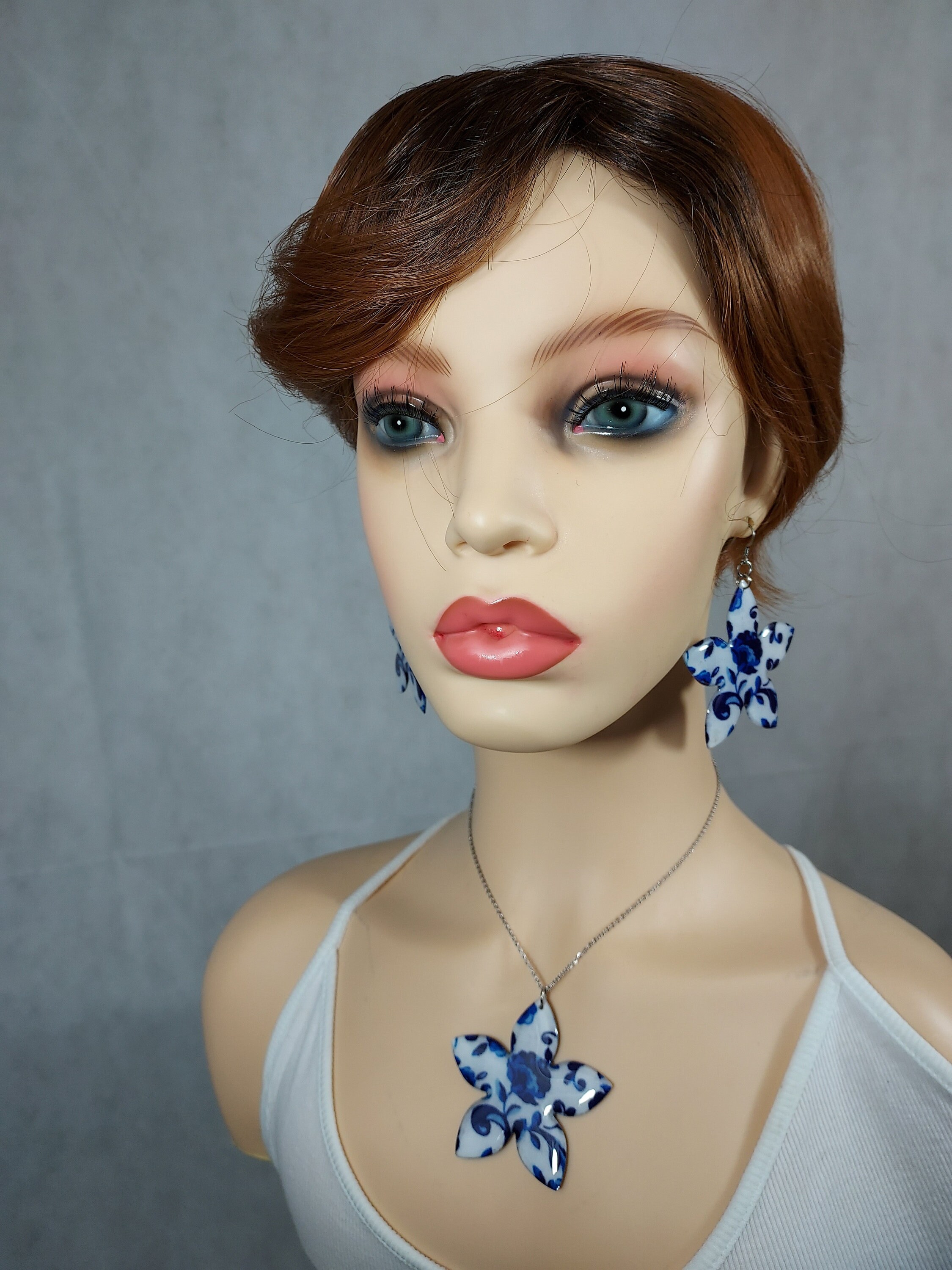 Flower Shaped, Blue Flowers Fabric Print. Domed With Resin, Sterling ...