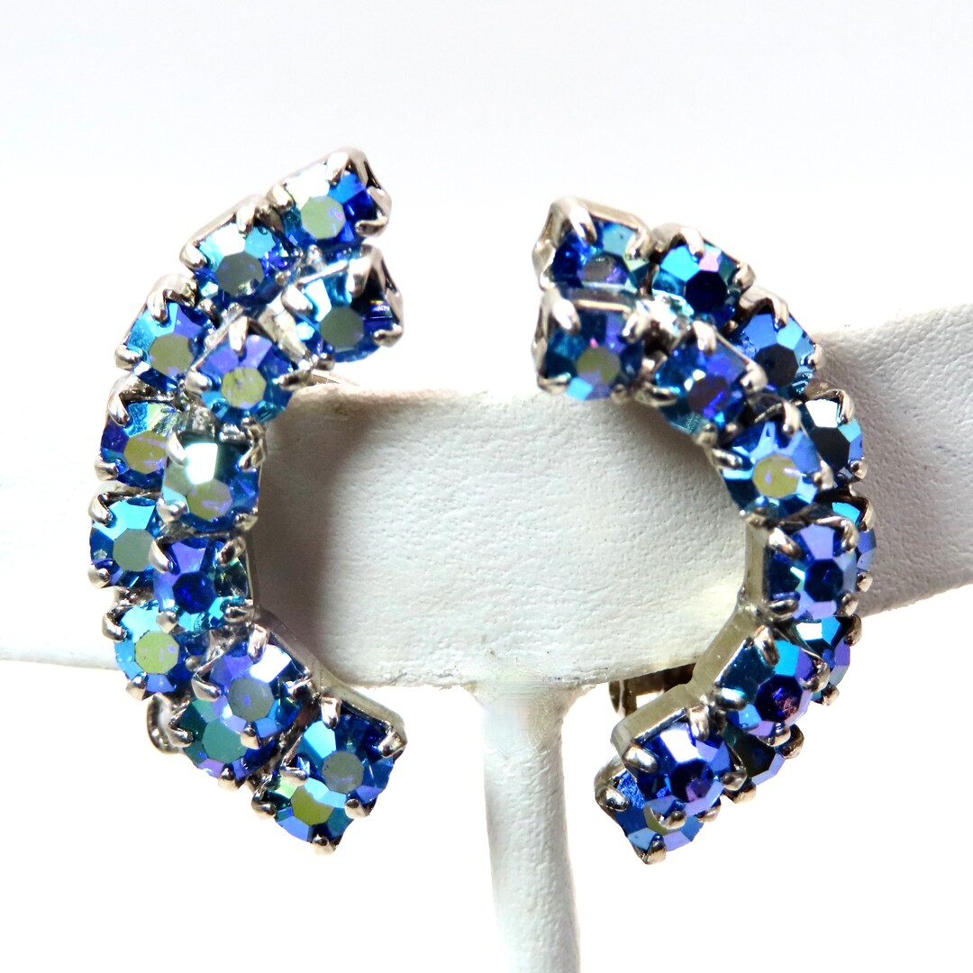 Vintage 50s Earring Blue Purple Half Circle Cresents Aurora Borealis ...