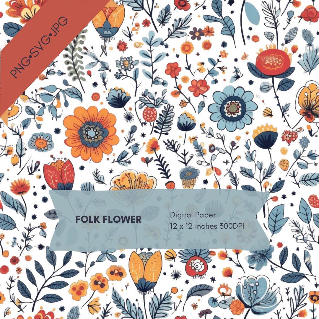 Folk Flower Seamless Pattern, Folk Flower JPEG SVG PNG, Printable ...