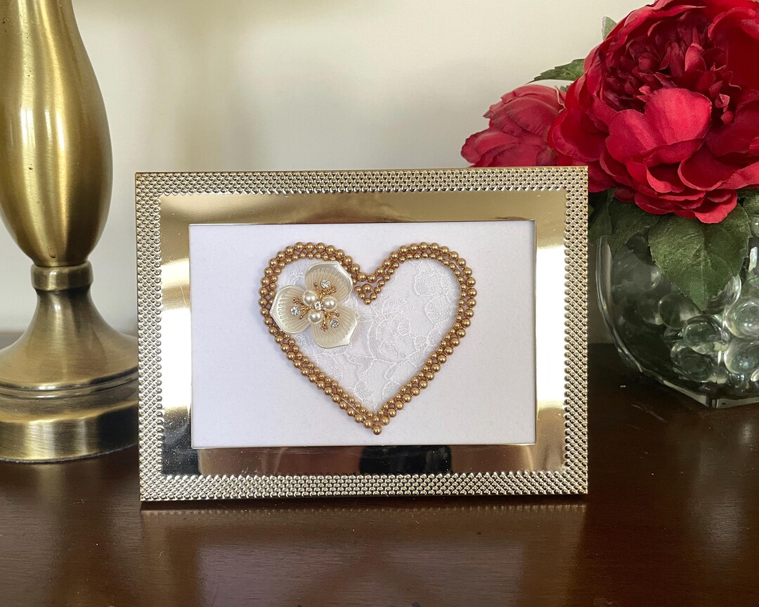 Gold Pearl Heart With Lace and Pearl Flower Art, Ornate Gold Frame - Etsy