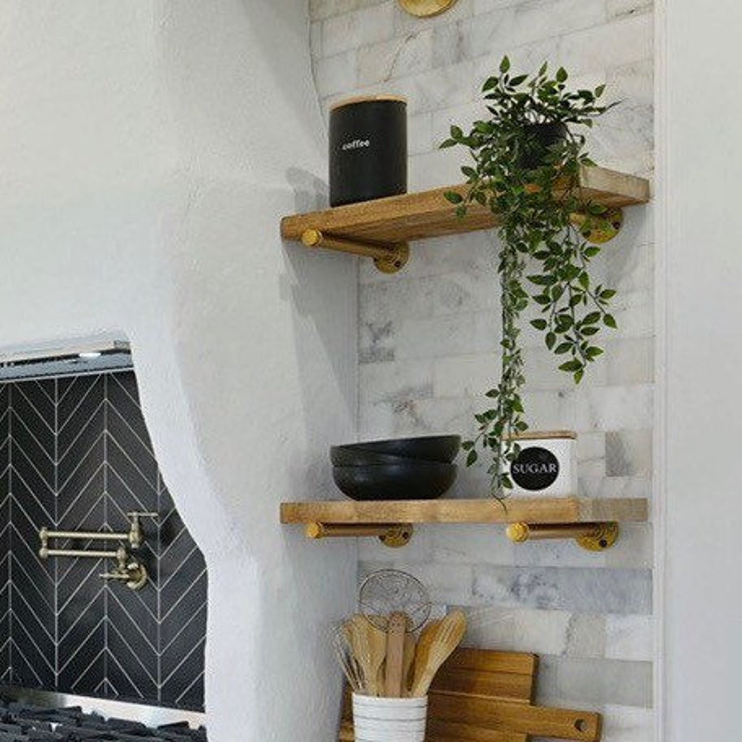 SOLID Modern Shelf Butcher Block Wood shelf with Pipe Brackets. Gold ...
