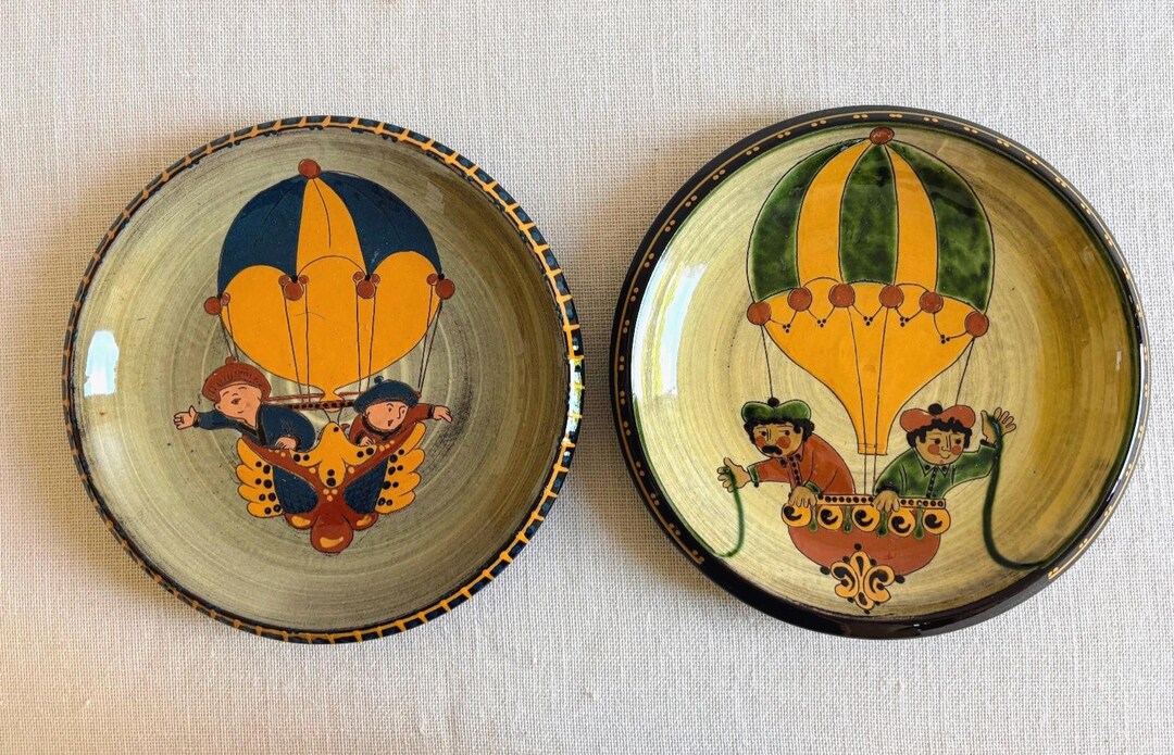 Vintage Swiss Folk Art Pottery Wall Plates With Hot Air Balloon Motif ...